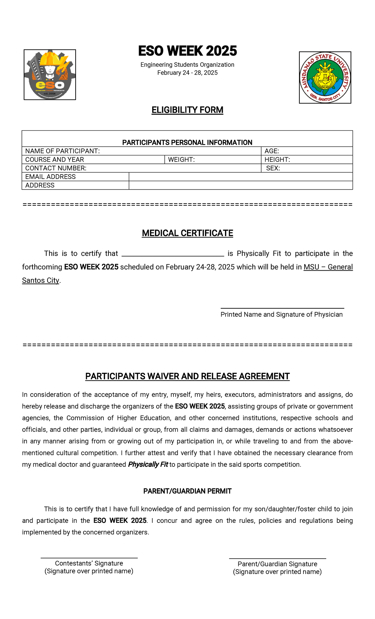 ESO Week Eligibility Form - ESO WEEK 2025 Engineering Students Organization February 24 - 28 ...