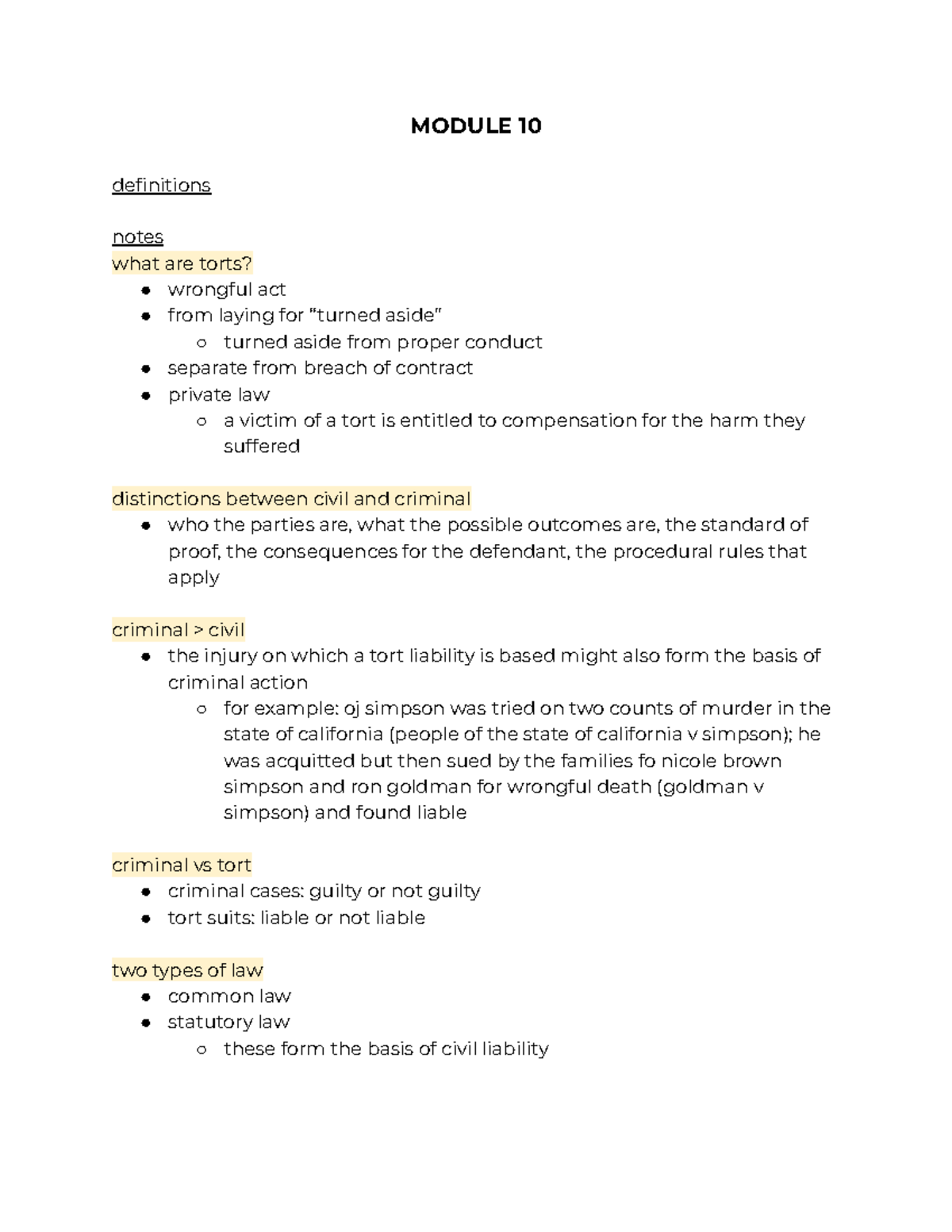 american tort law - MODULE 10 definitions notes what are torts ...