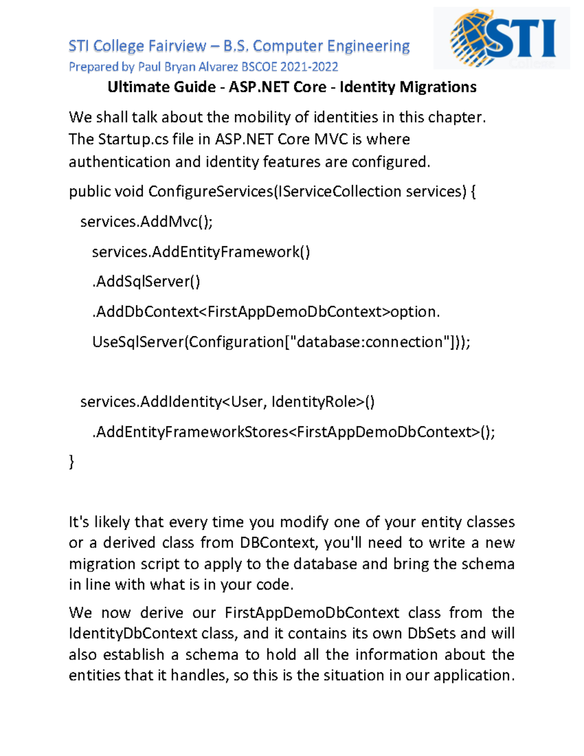 Ultimate Guide - ASP.NET Core - Identity Migrations - Prepared by Paul Bryan Alvarez BSCOE 2021 ...