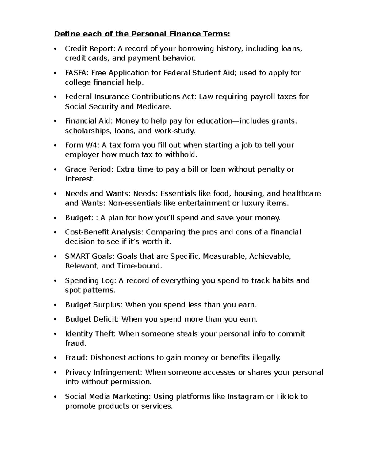 Vocab-Finance: Key Terms for Personal Finance Unit 1 - Studocu