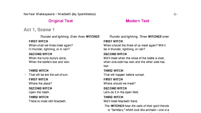 Macbeth (ENG 101) - No Fear Shakespeare: Act 1 & 2 Summary and Analysis - Studocu