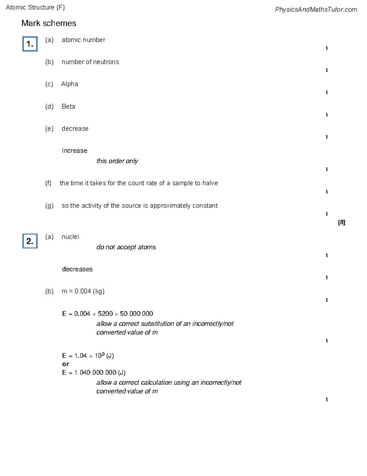 Atomic Structure (F) Mark Schemes and Solutions - Studocu