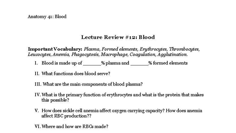 Anatomy 41: Blood Lecture Review - Key Components & Functions - Studocu