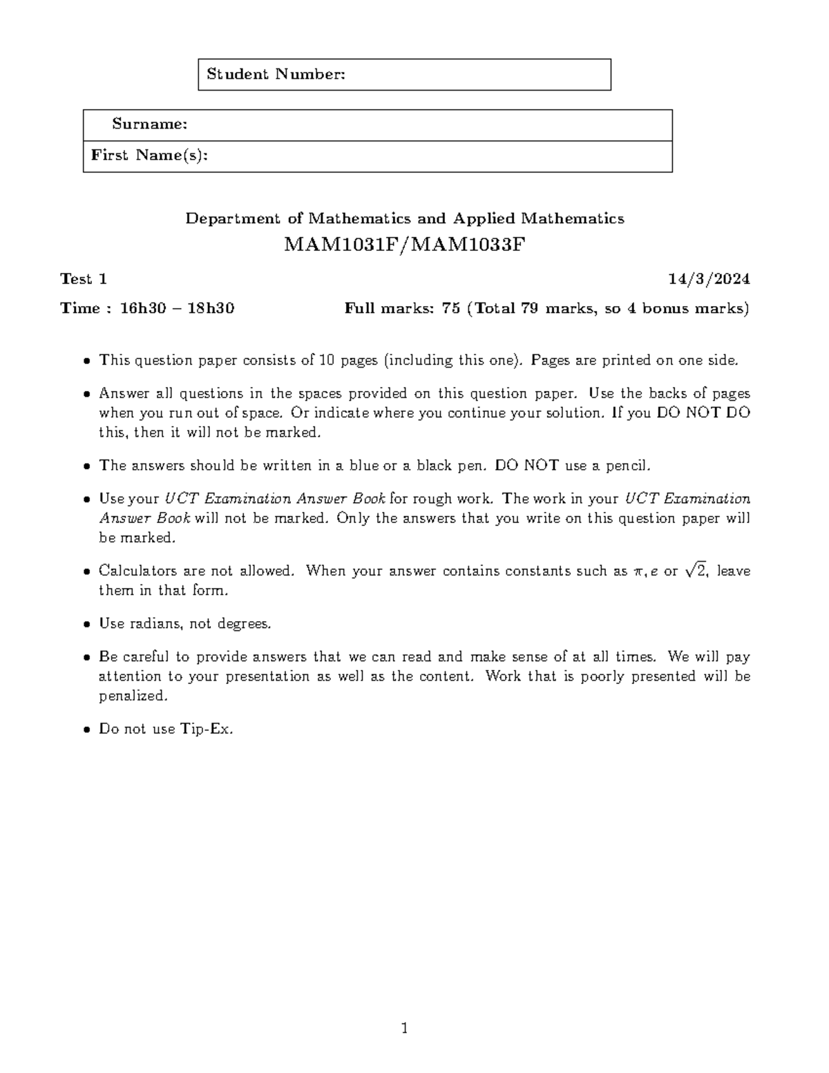 MAT101 Test 1: Multiple Choice & Short Answer Questions - Studocu