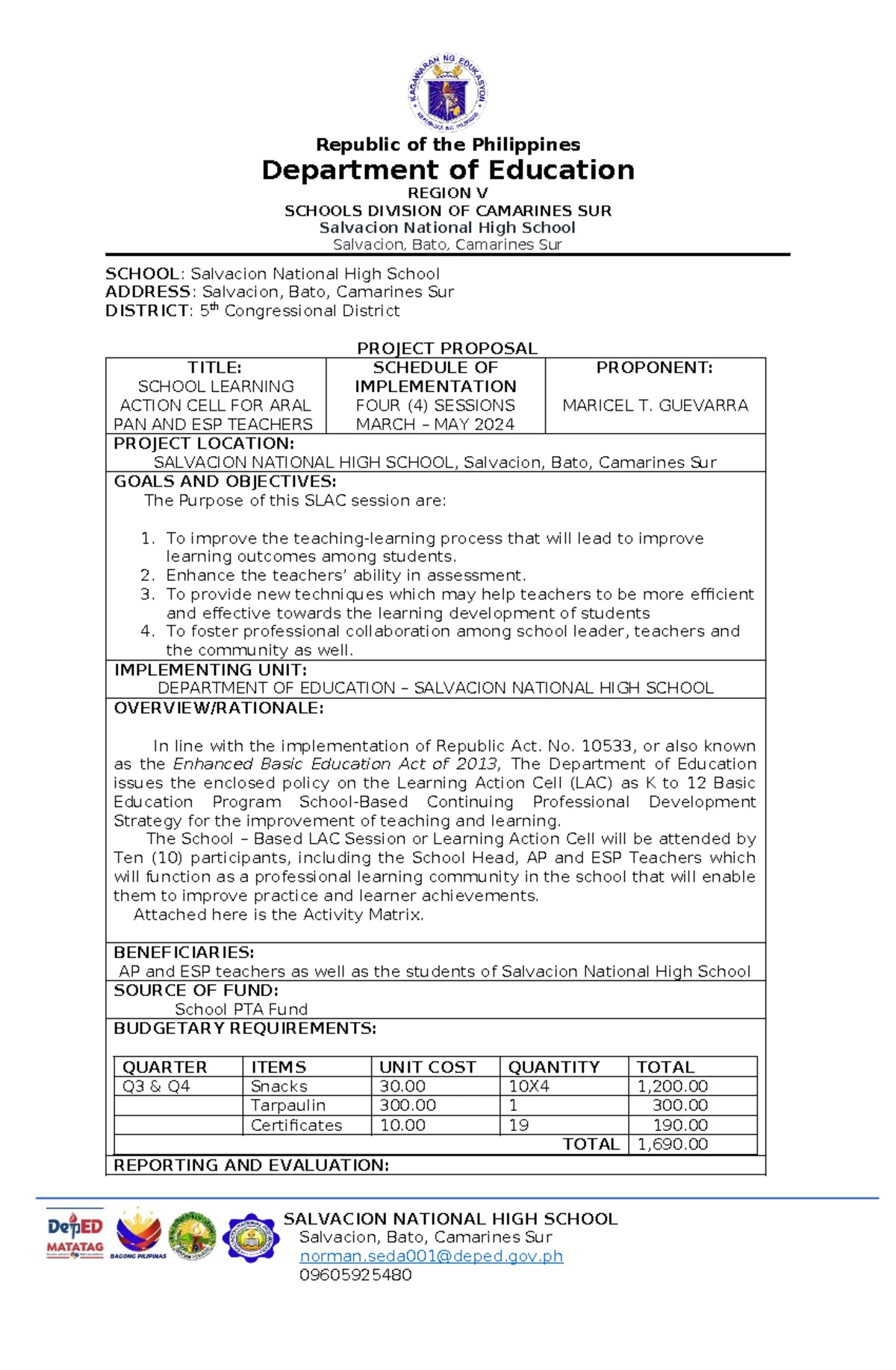 Accomplishment Report: School Learning Action Cell for AP and ESP (2024 ...