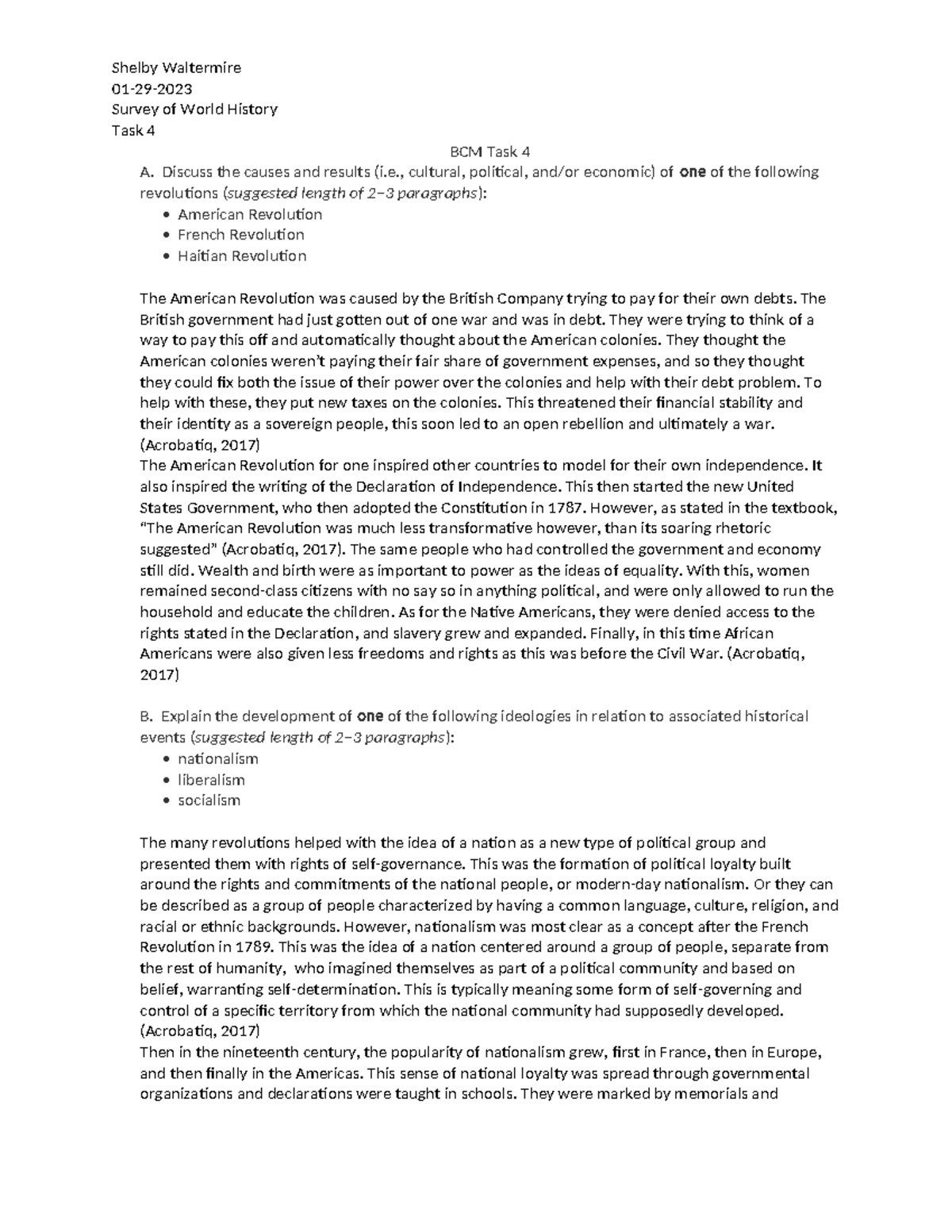 Task 4 - task 4, passed - Shelby Waltermire 01-29- Survey of World ...