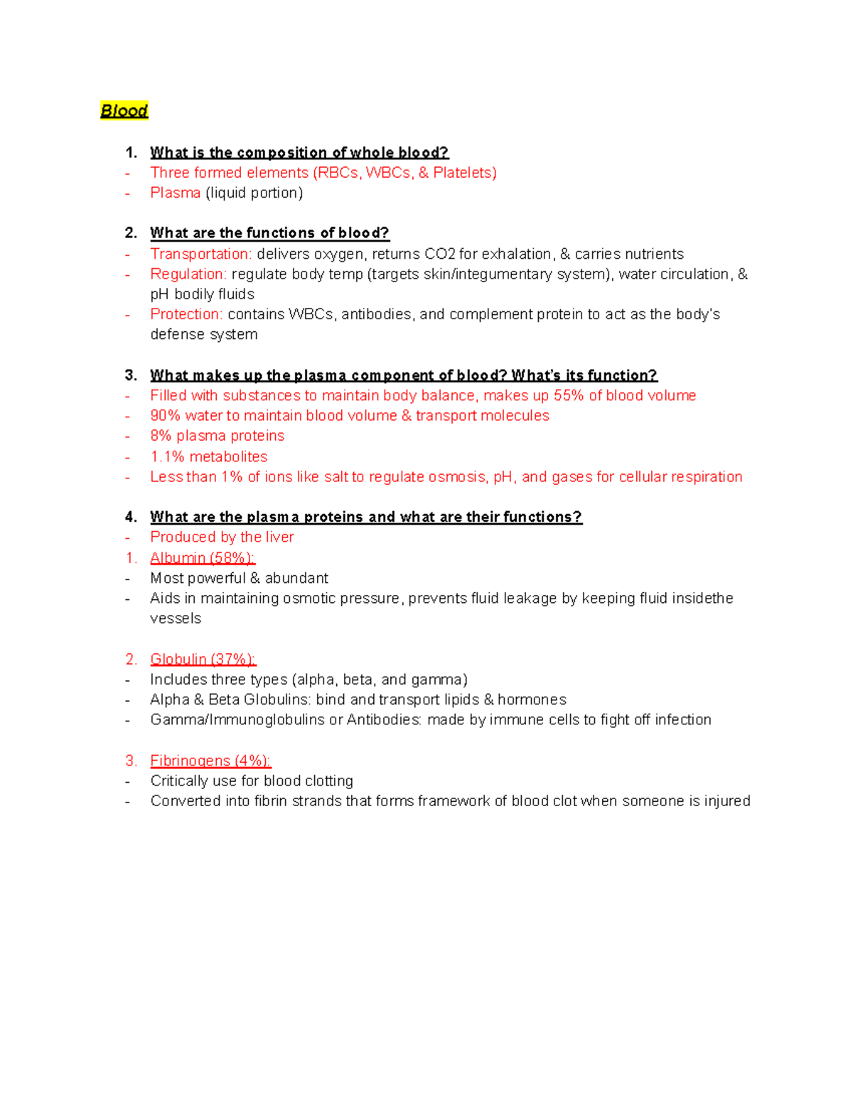 BIOL 67B Exam 2 Study Notes: Blood Composition & Functions - Studocu