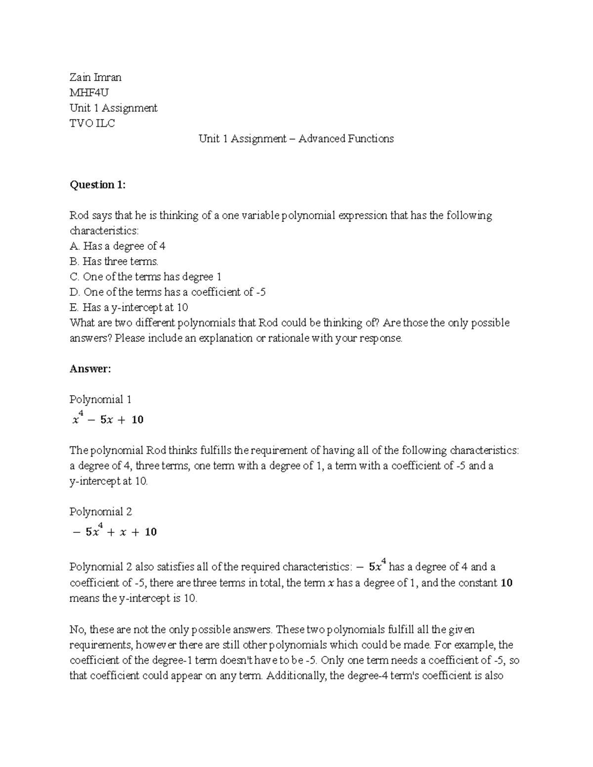 Advanced Functions MHF4U Unit 1 Assignment (Final) - Studocu