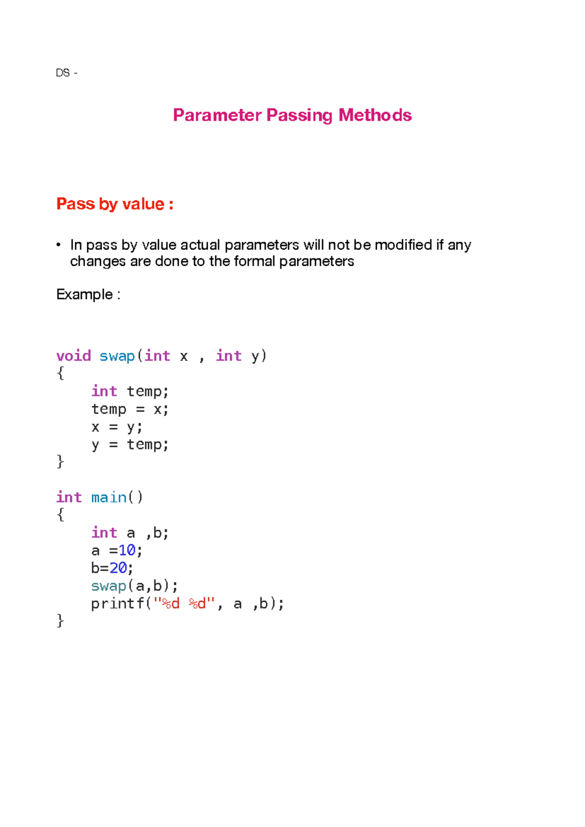 Parameter Passing Methods - DSA (Parameter Passing - Pass by Value/Address) - Studocu