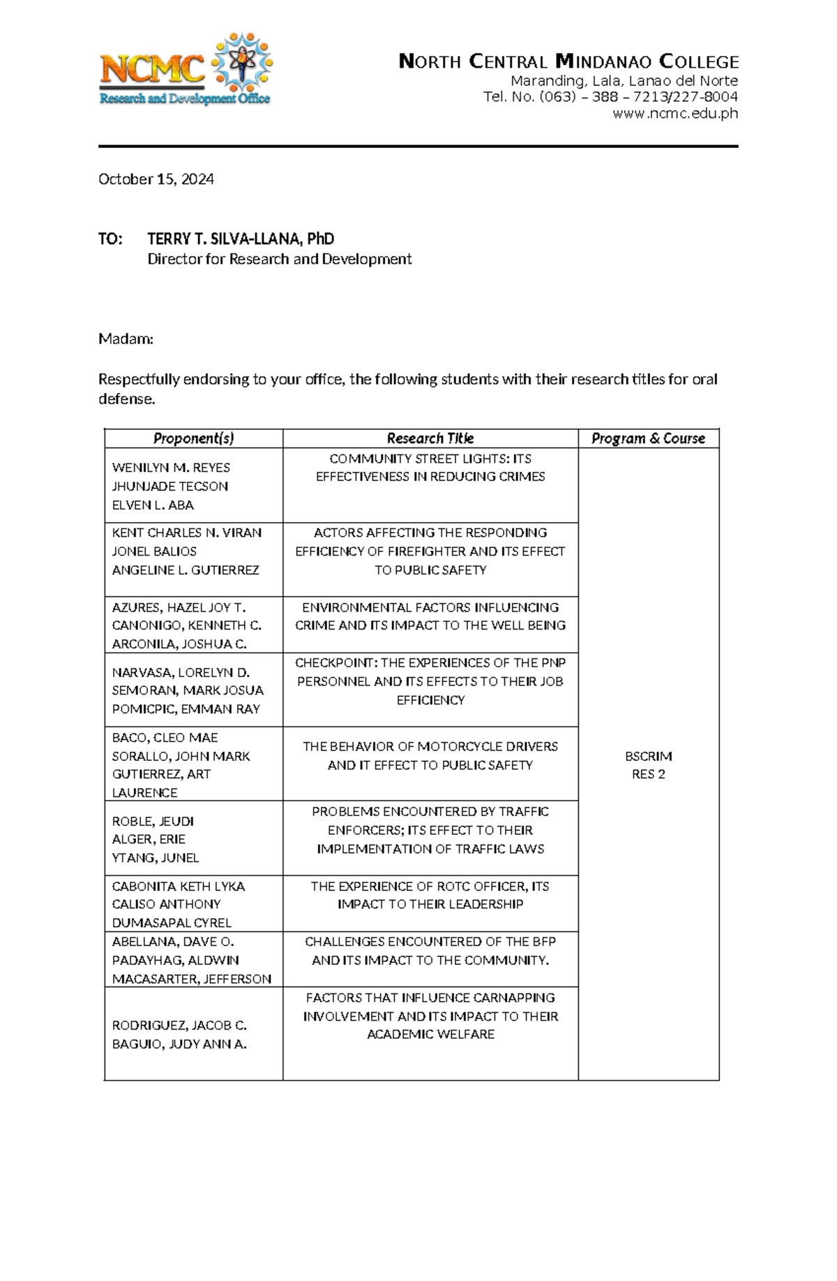 NCMC RES 2 Endorsement Letter for Research Titles and Proponents - Studocu