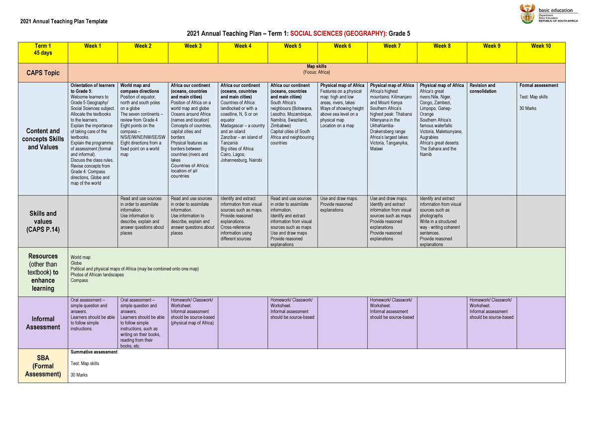 Grade 5 Social Sciences 2021 ATP - 2021 Annual Teaching Plan – Term 1 ...