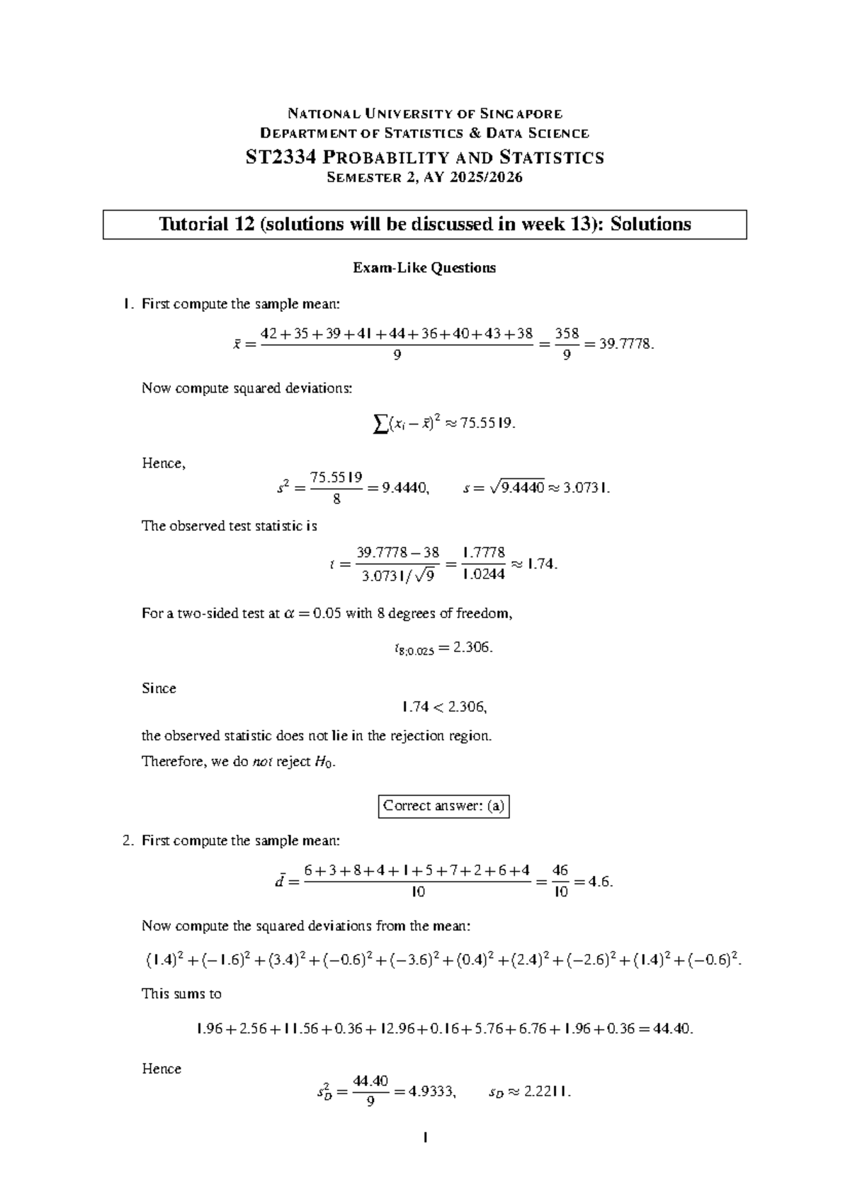 ST2334 Tutorial 12 Solutions: Probability & Statistics Analysis - Studocu
