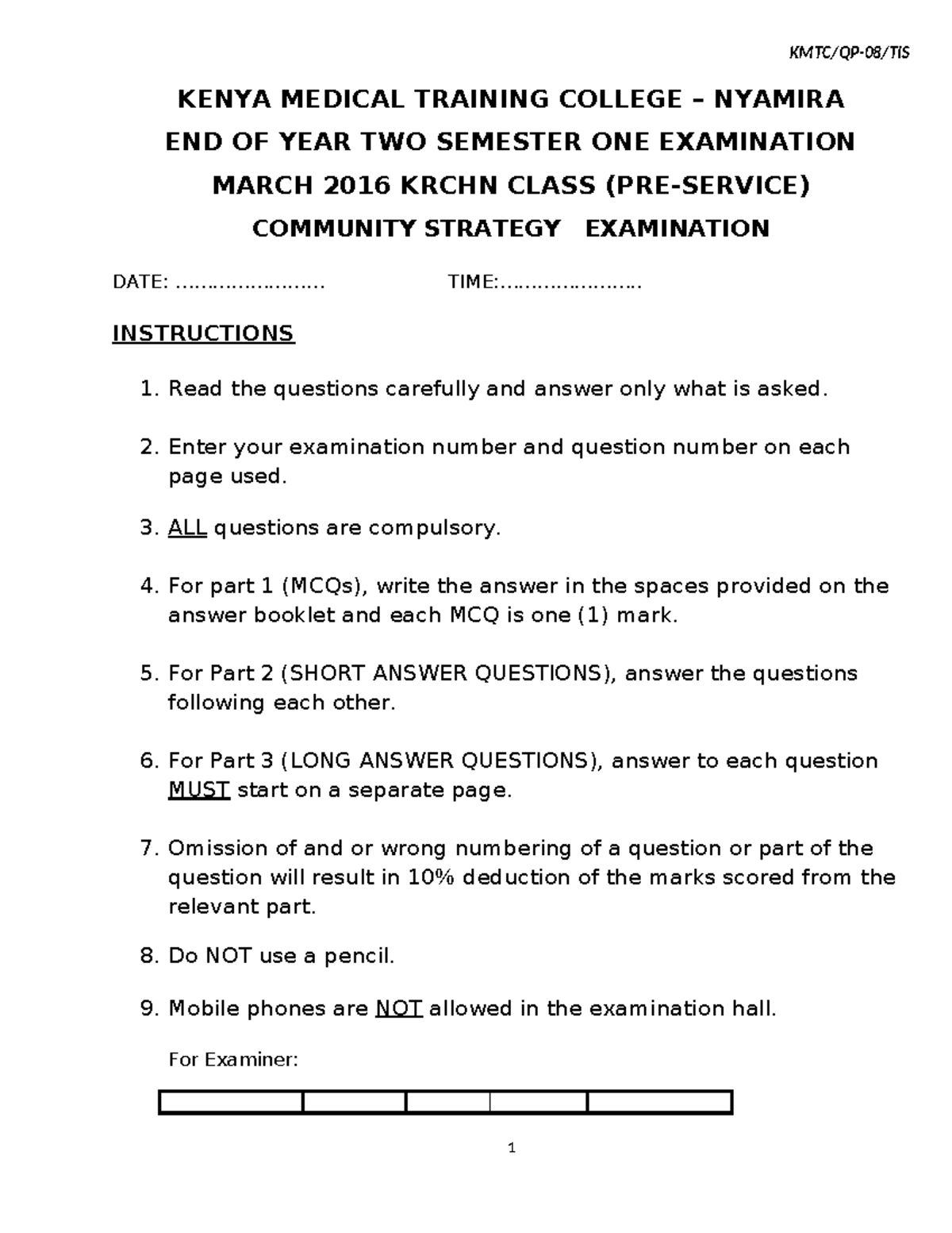 KENYA MEDICAL TRAINING COLLEGE KRCHN CLASS COMMUNITY STRATEGY EXAM ...