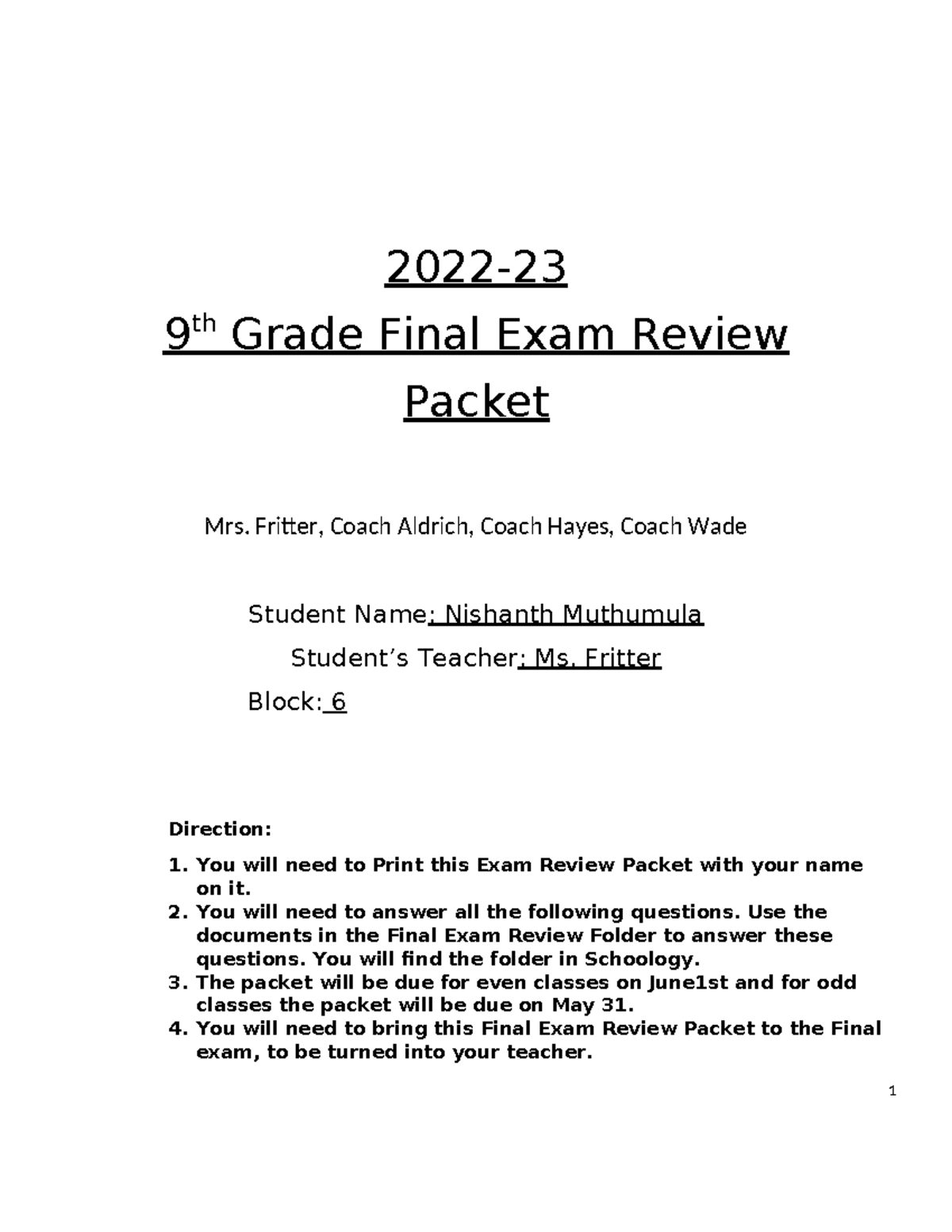 2022-23 9th Grade Final Exam Review Packet - Fritter, Aldrich, Hayes ...