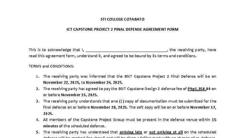 STI COLLEGE COTABATO BSIT CAPSTONE PROJECT 2 FINAL DEFENSE AGREEMENT ...