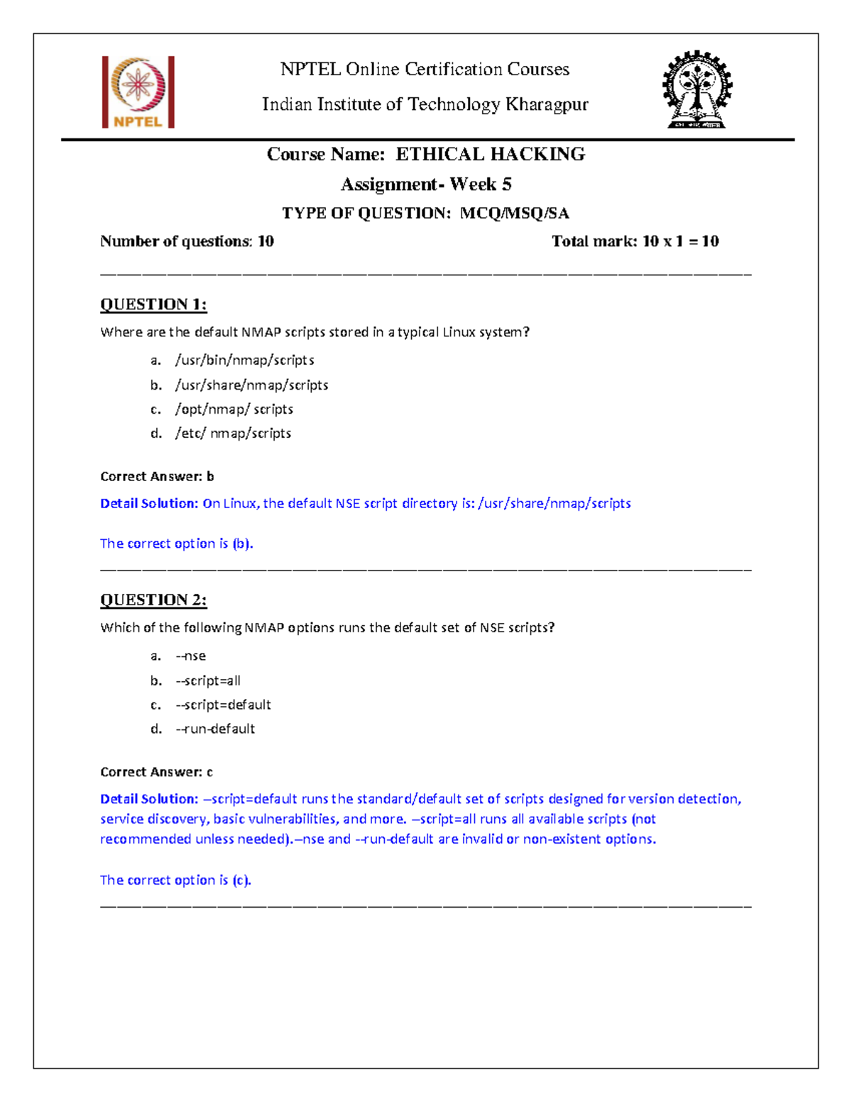 NPTEL ETHICAL HACKING Assignment 5 Solutions - Week 5 - Studocu