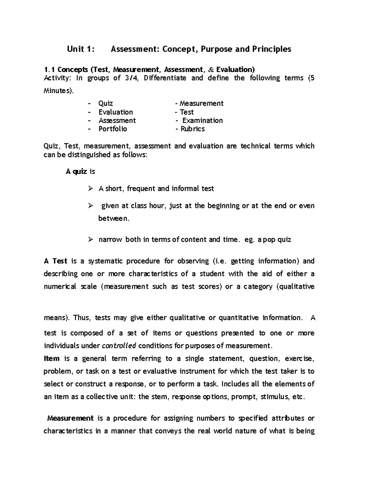 Unit 1: Assessment Concepts, Purposes, and Principles - Exam Prep - Studocu