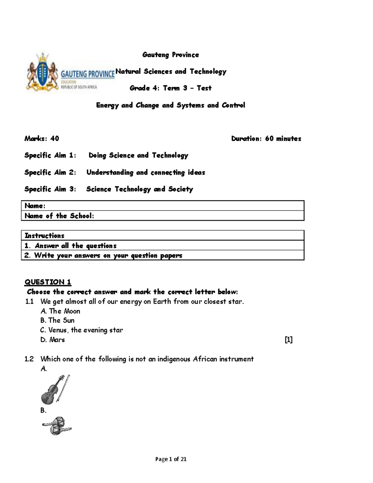 Natural Sciences & Technology GR. 4 Term 3 Formal Test Memo - Studocu