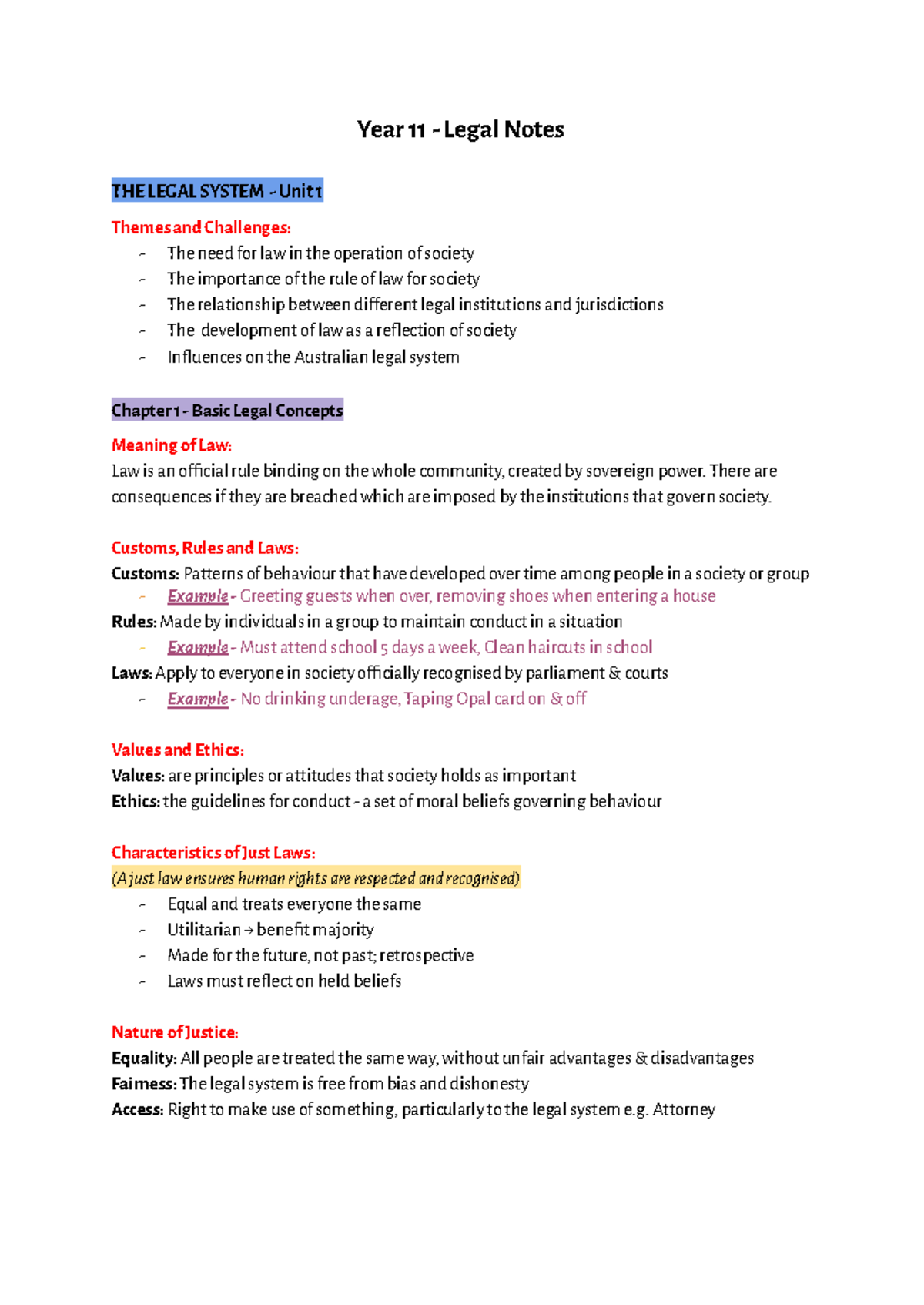 Year 11 Legal Study Notes - Year 11 - Legal Notes THE LEGAL SYSTEM ...