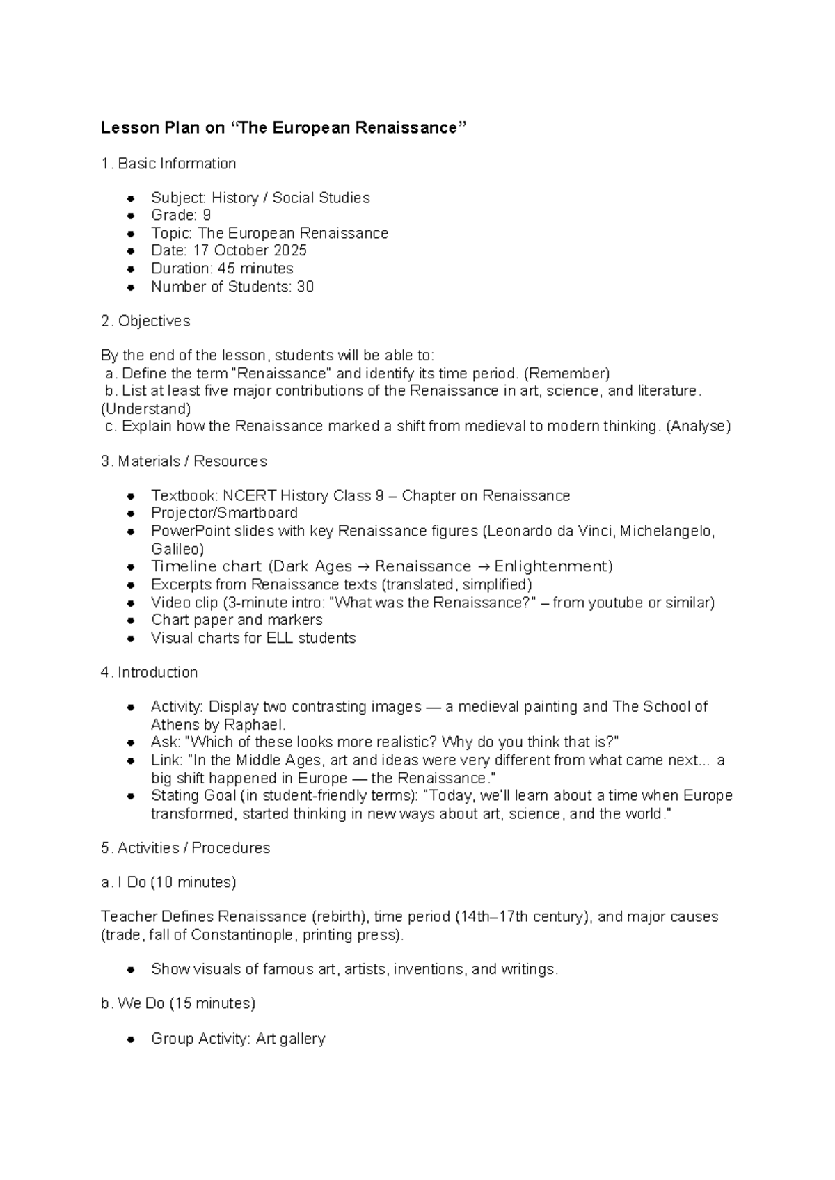 Lesson Plan: The European Renaissance - History 9 - Studocu