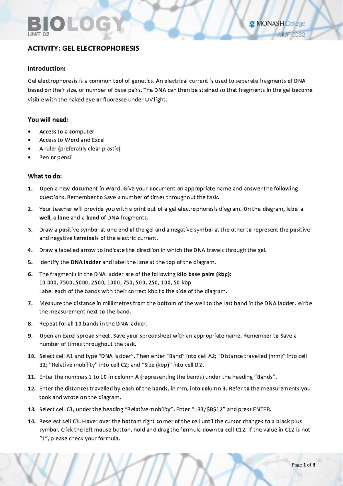 6.9 Gel electrophoresis worksheet - Page 1 of 3 BIOLOGY UNIT 02 MUF ...