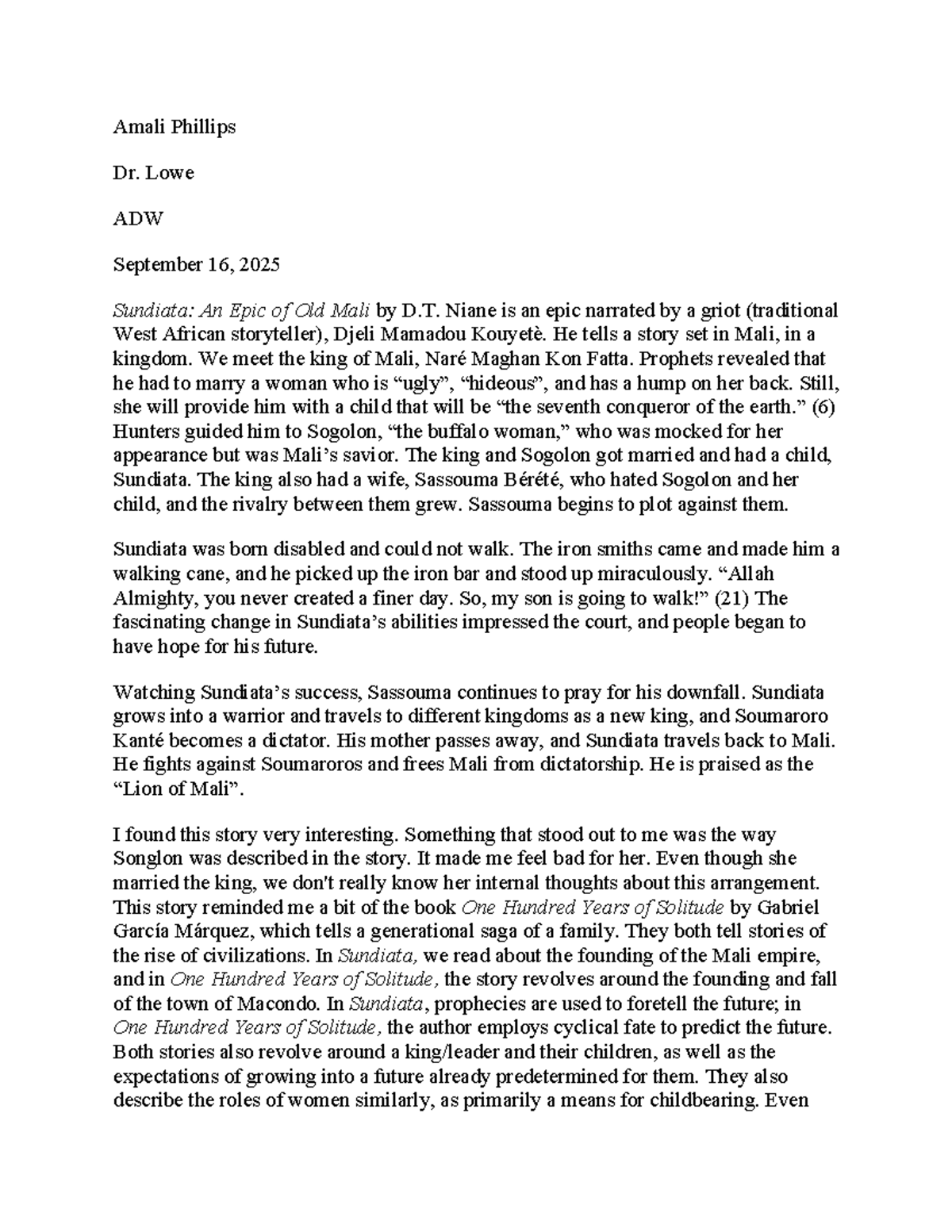 ADW 2025: Sundiata - An Epic of Old Mali Analysis - Studocu