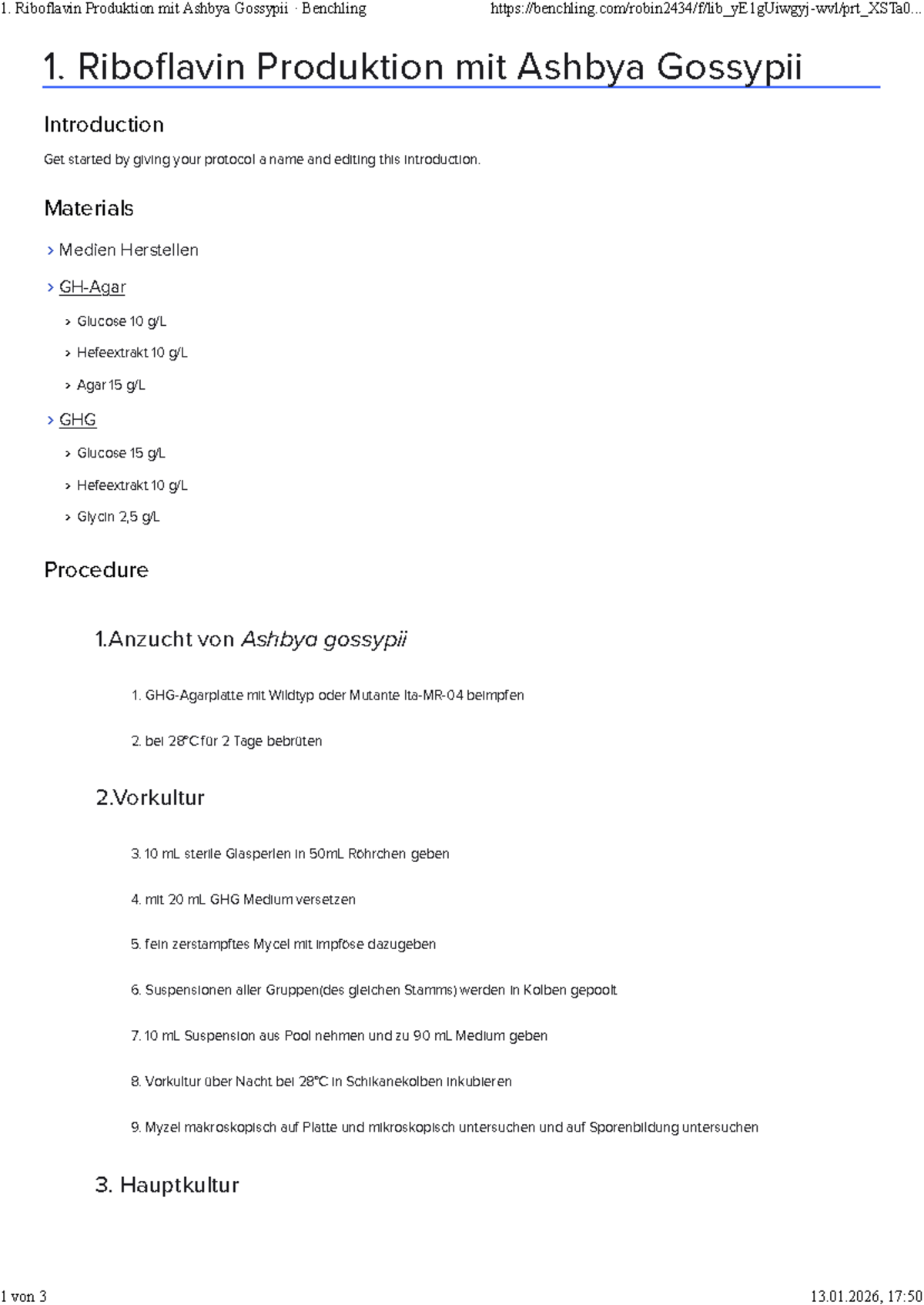 1. Riboflavin Produktion mit Ashbya Gossypii - Benchling Protokoll ...