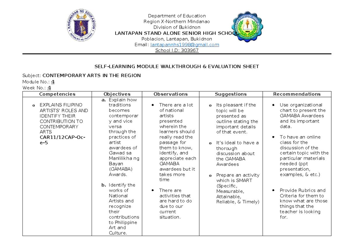 SLM- Walkthrough Evaluation Sheet for Contemporary Arts Module 4 - Studocu