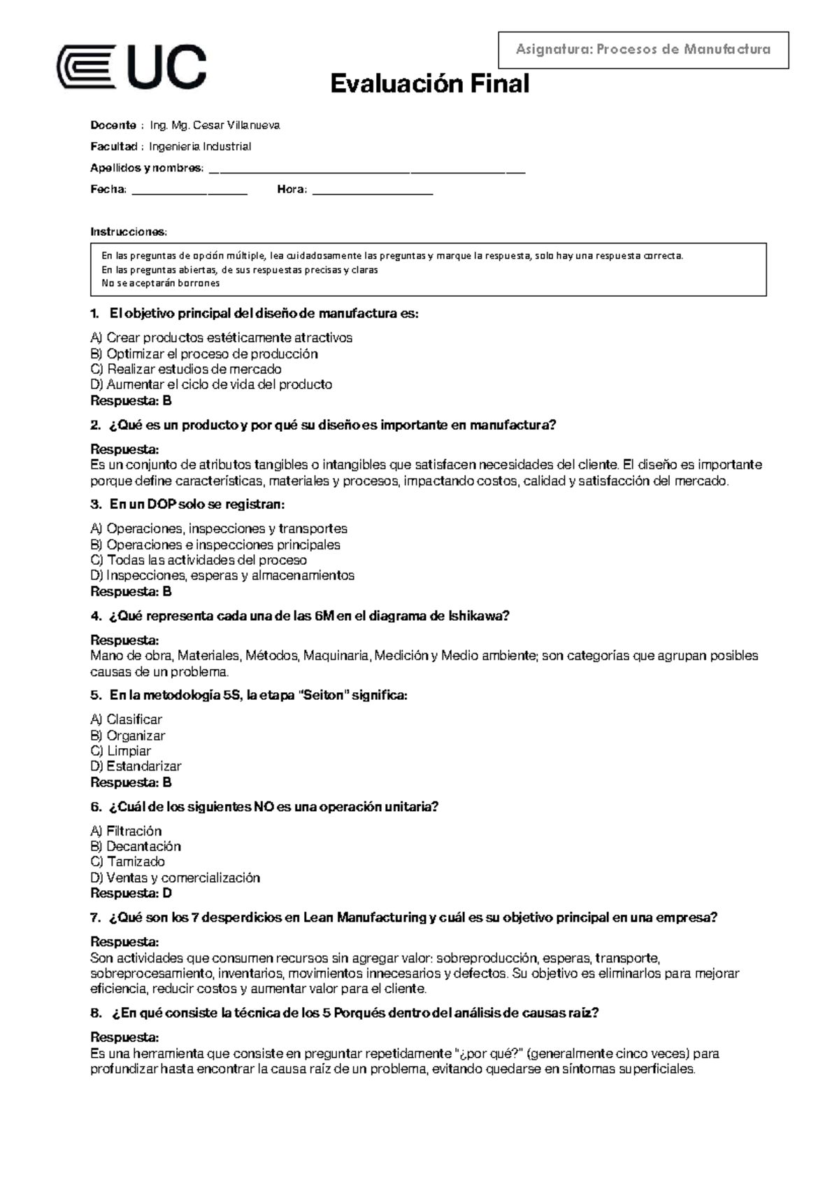 Solucionario Examen Final - Procesos de Manufactura (Ing. Mg. Cesar ...
