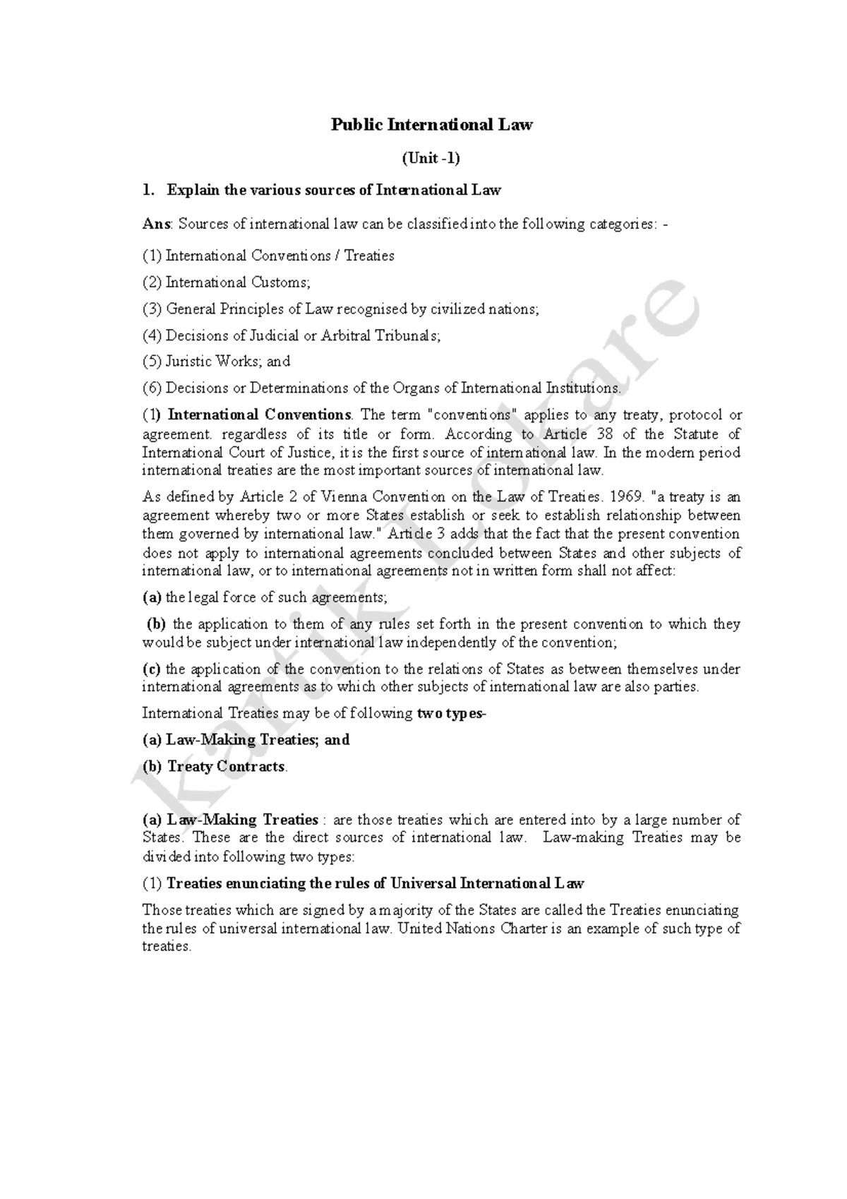 Pil-full-unit-notes - Public International Law (Unit -1) Explain the ...