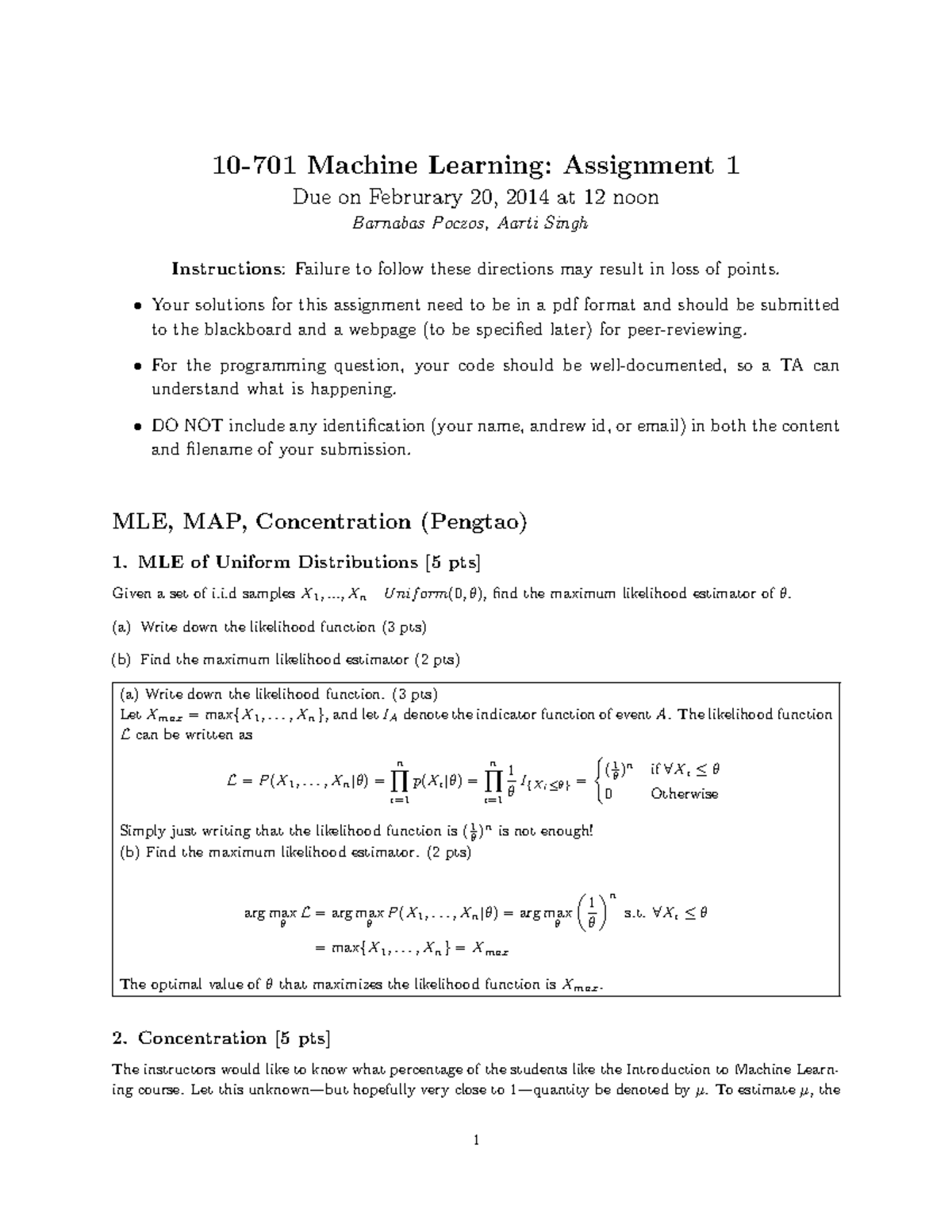 10-701 Machine Learning: Assignment 1 Instructions and Problems - Studocu