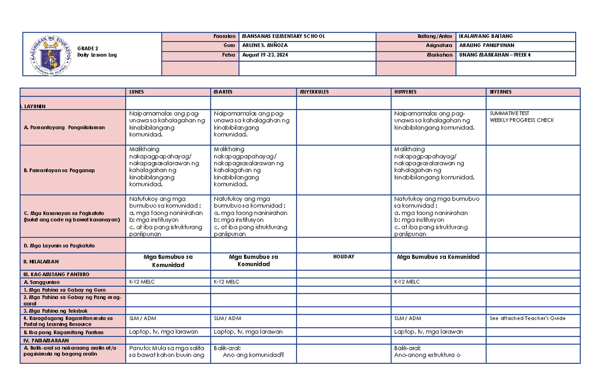 AP 2 DLL Q1 WEEK 4 - USE THIS DLL - GRADE 2 Daily Lesson Log Paaralan ...