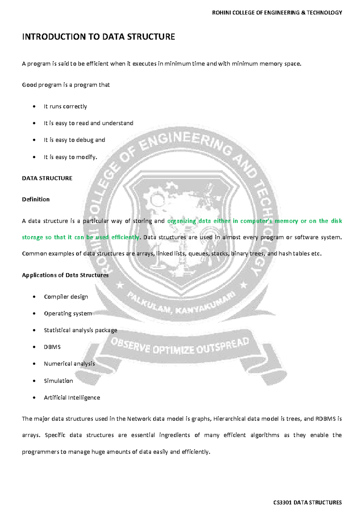 CS3301 DATA STRUCTURES: Introduction to Data Structures and Linked ...