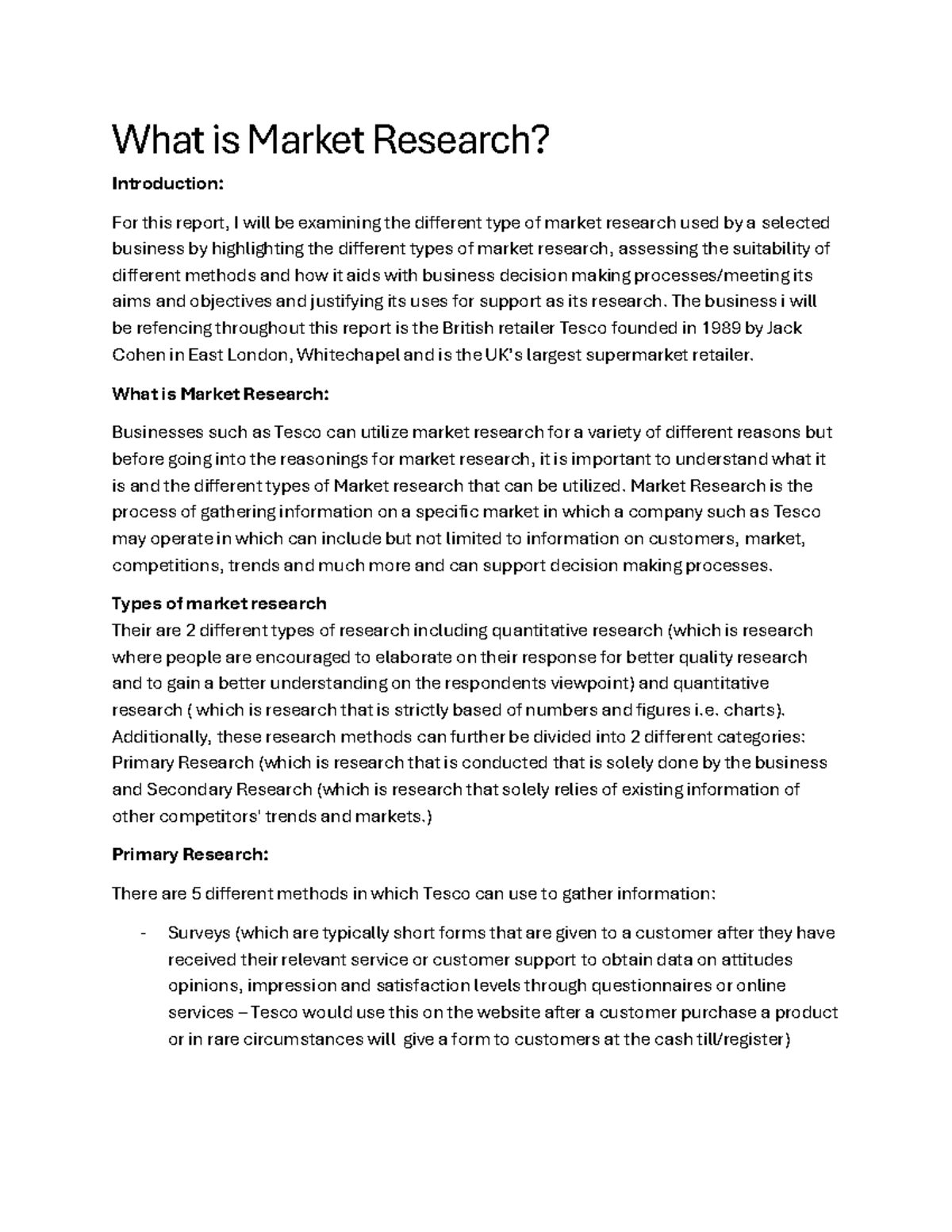 U22 Assignment 1 - P1: Understanding market research for Tesco - Studocu