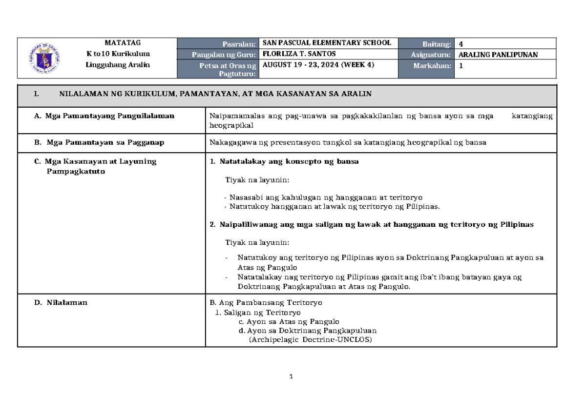 Daily Lesson Log - MATATAG K to10 Kurikulum Lingguhang Aralin Paaralan ...