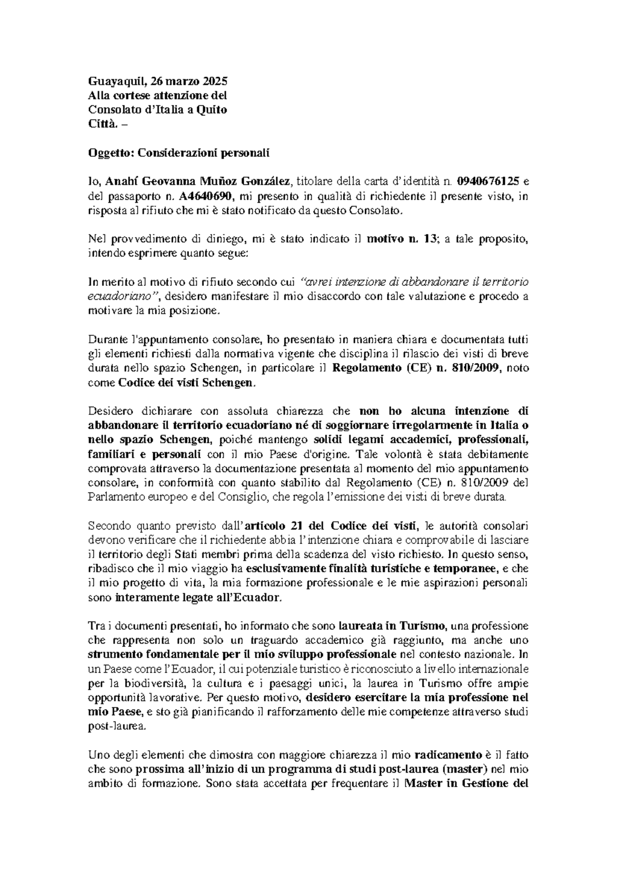 Apelazione per Visto Schengen - Anahi Muñoz - Italia 2 - Studocu