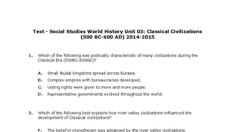 AP World History Unit 03: Study on Classical Civilizations (500 AD ...