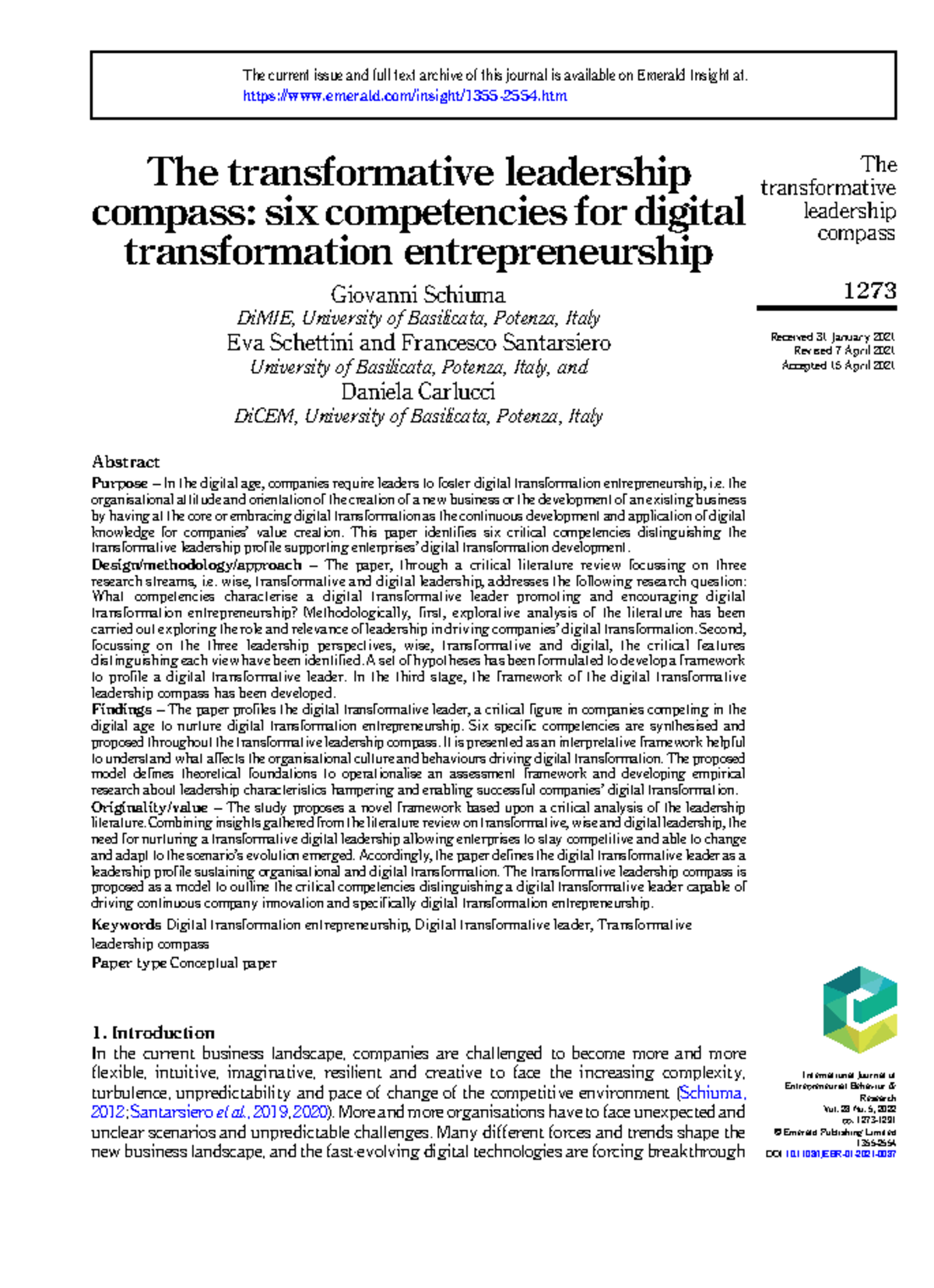 L2. Examining the Transformative Leadership Compass for Digital Change ...