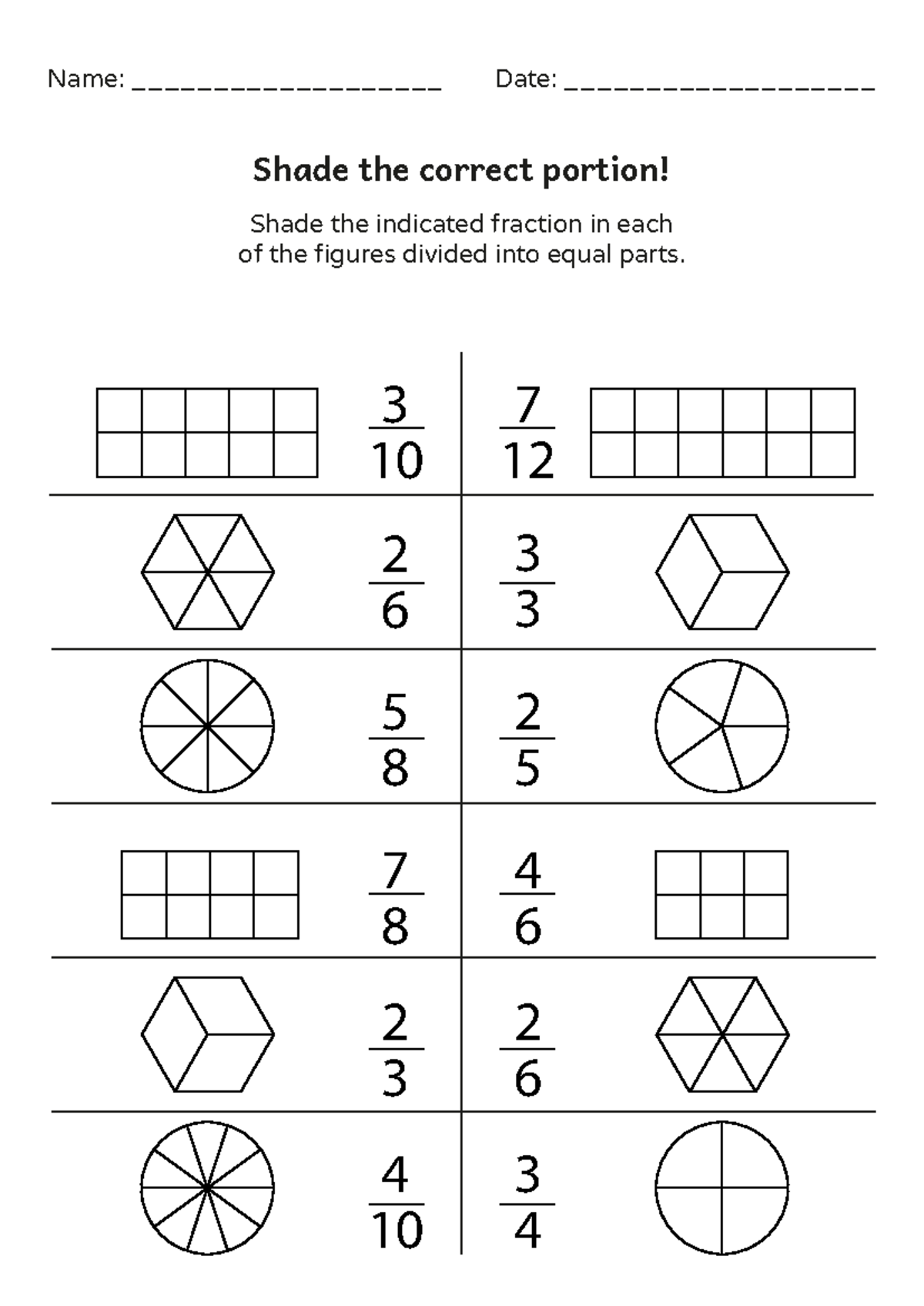 Fraction Shading Practice - 3rd Grade Worksheet - Name ...