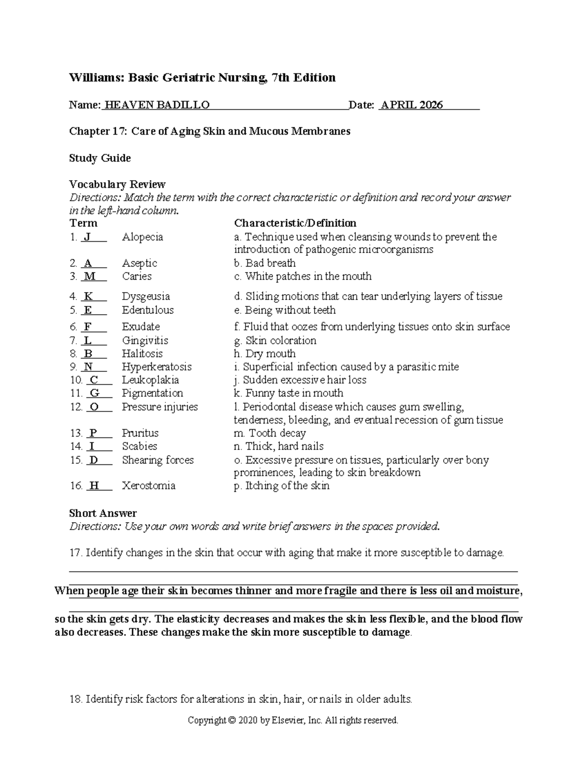 Chapter 17 Study Guide: Care of Aging Skin & Mucous Membranes - Studocu