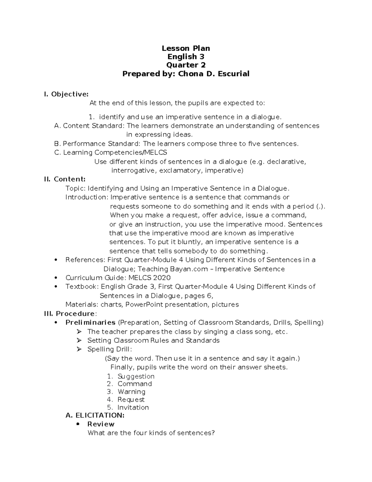 English 3 Lesson Plan: Using Imperative Sentences in Dialogue - Studocu
