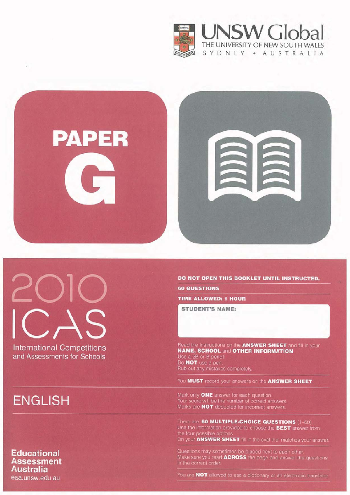 ICAS English Paper G 2010 - Exam Instructions & Key Questions - Studocu