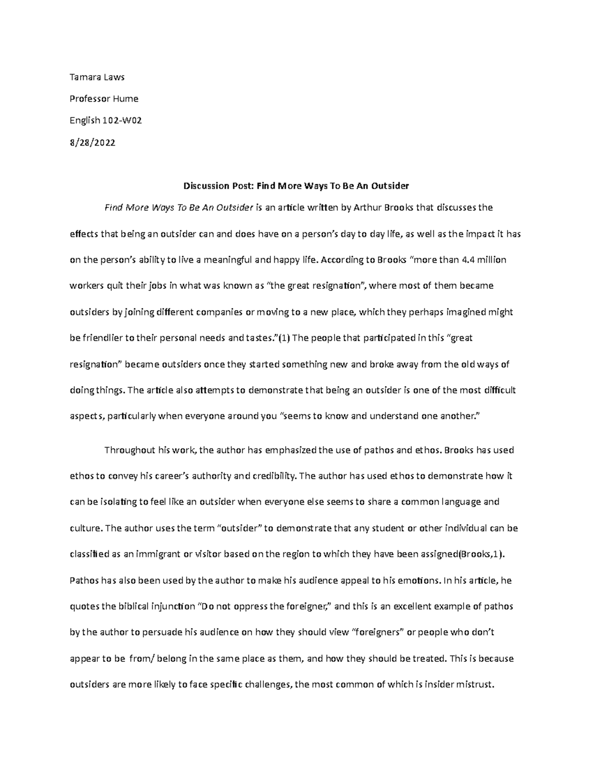 ENGL 102-W: Discussion on Being an Outsider and Its Impacts - Studocu