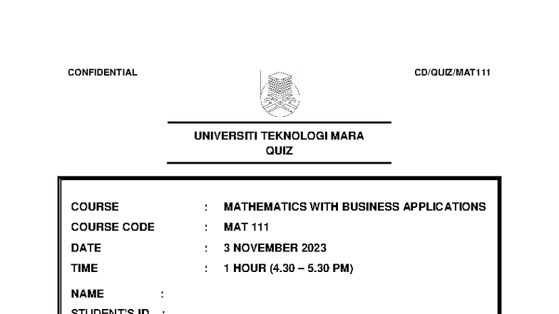 QUIZ MAT111 Mathematics with Business Applications - 3 Nov 2023 - Studocu