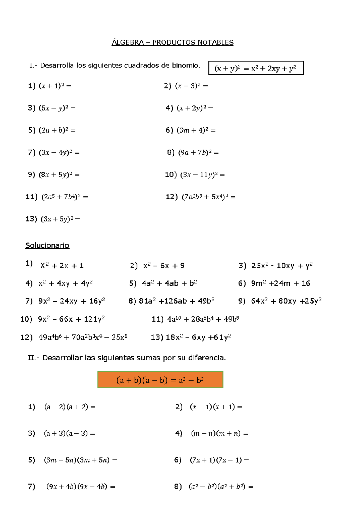 ÁLGEBRA PRODUCTOS NOTABLES: Ejercicios y Soluciones - Studocu