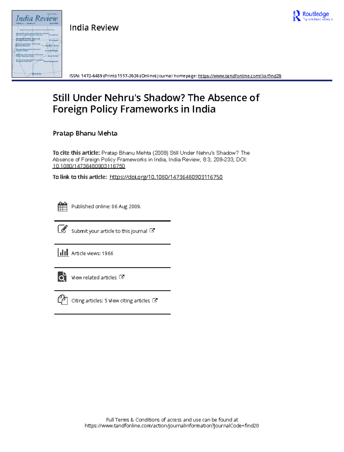 Still Under Nehru's Shadow? Absence of Foreign Policy Frameworks in ...