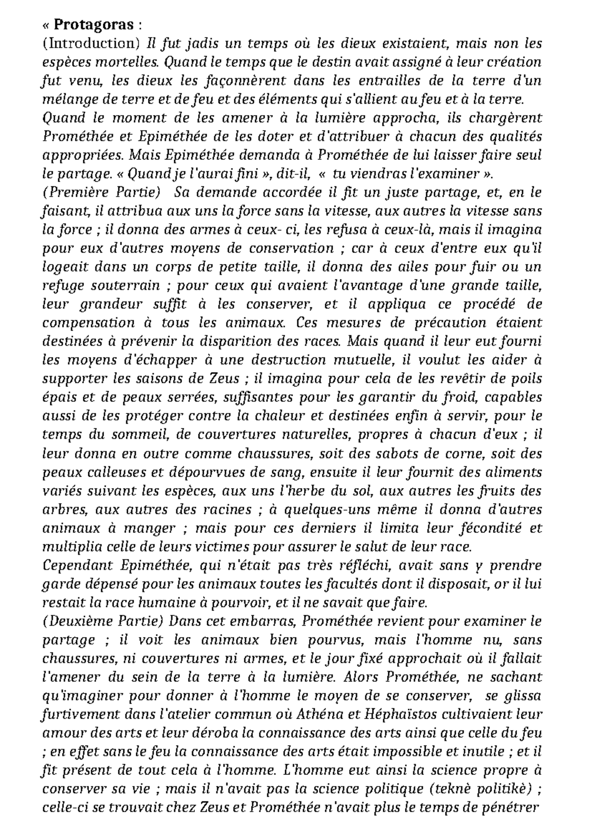 Étude sur le Mythe de Prométhée et Epiméthée dans "Protagoras" - Studocu