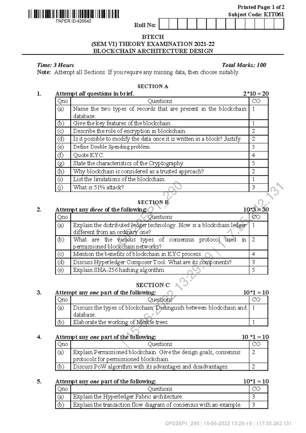 KIT061 BTECH SEM VI Theory Exam: Blockchain Architecture Design PYQ ...