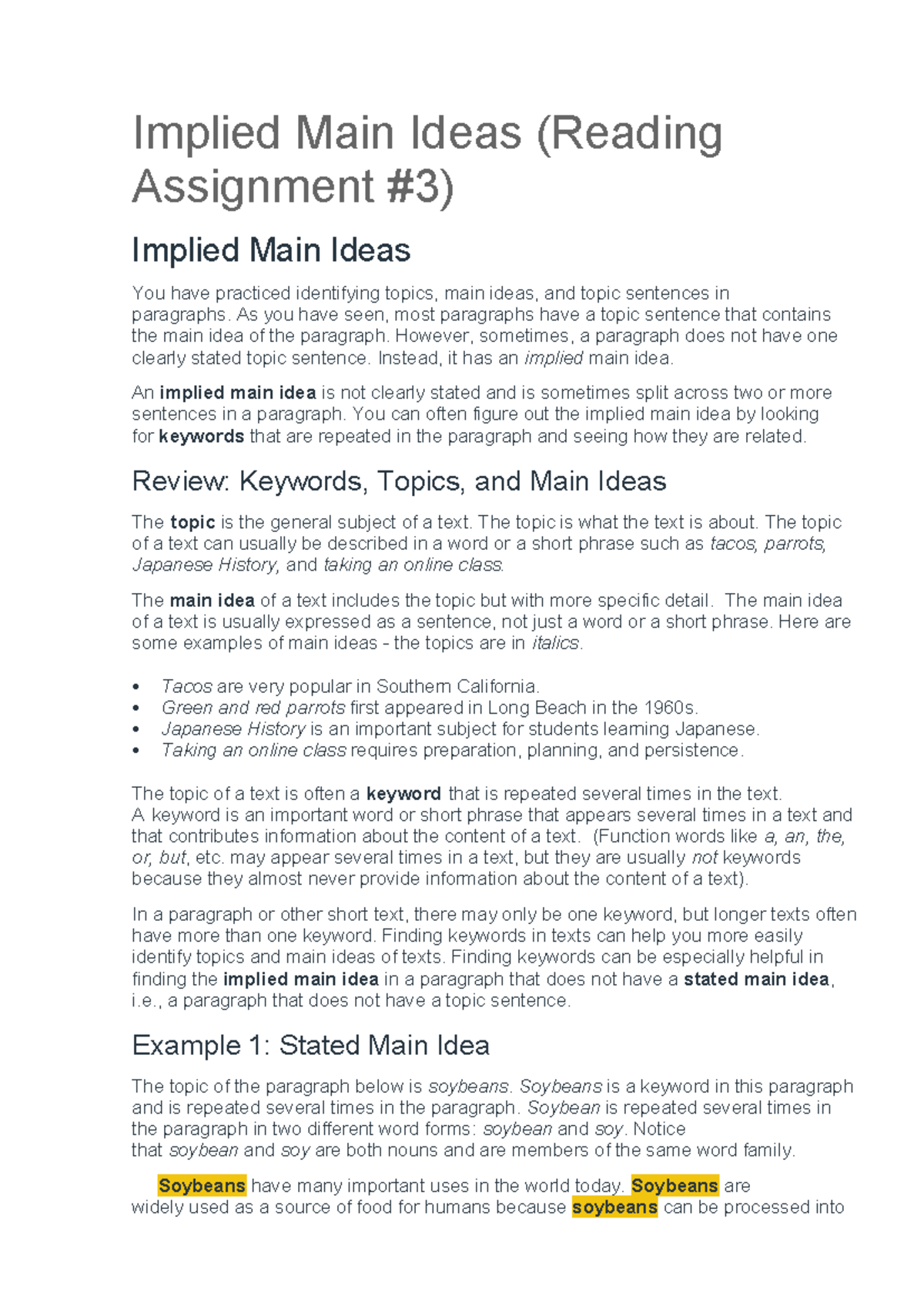 Implied Main Ideas: Understanding Topics & Keywords in Texts - Studocu