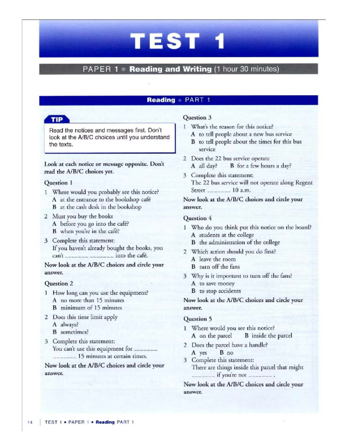 PET Reading Notice: TEST 1 PAPER 1 - Reading & Writing (1.5 Hours ...